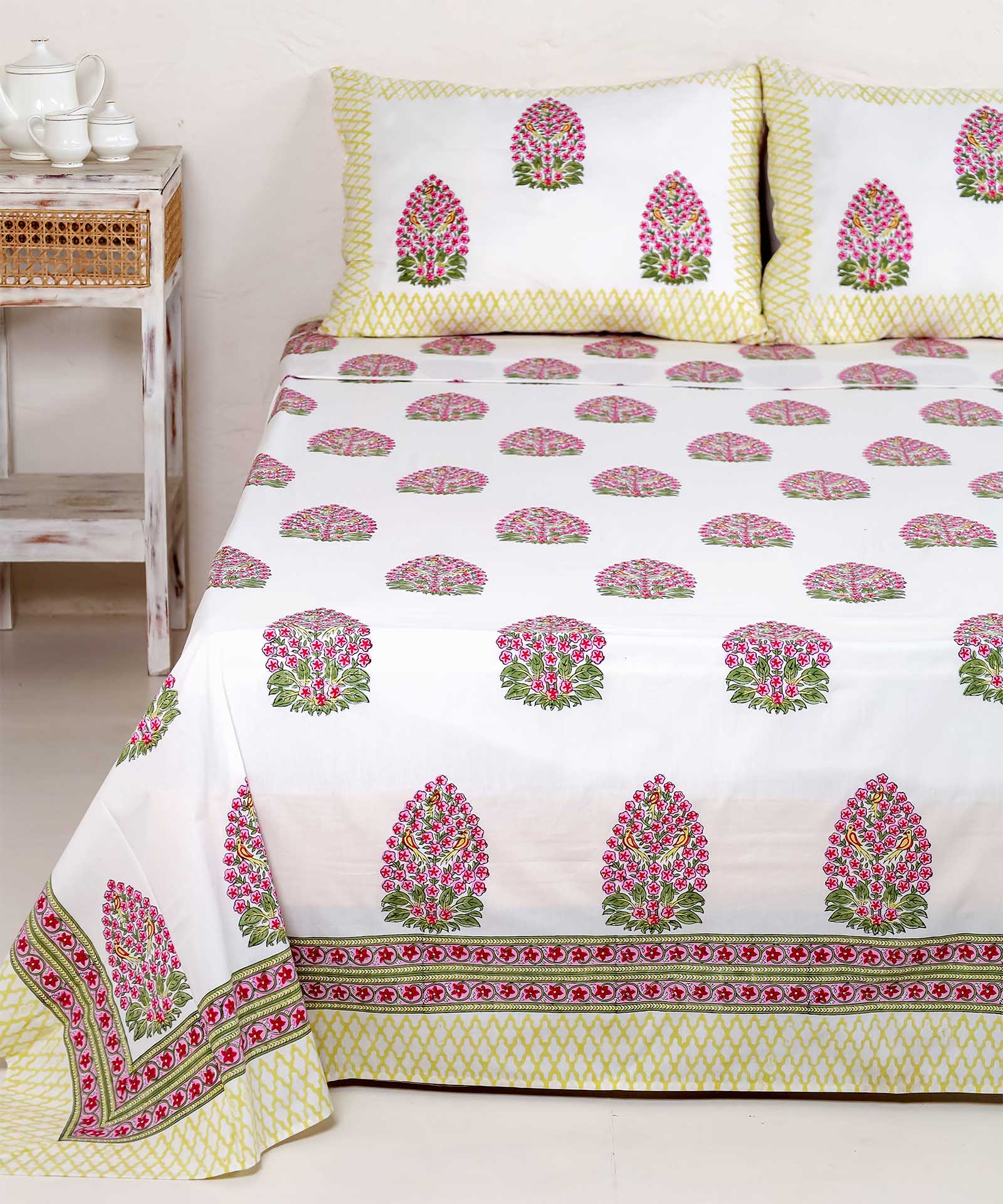 Pink Veronica Handblock Printed Cotton Bedsheet - King