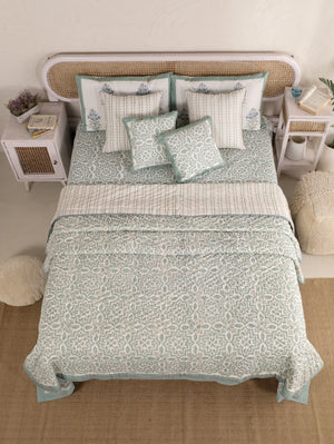 Handblock Printed Quilt, Bedsheet & Pillow Covers Set - Messina Basil